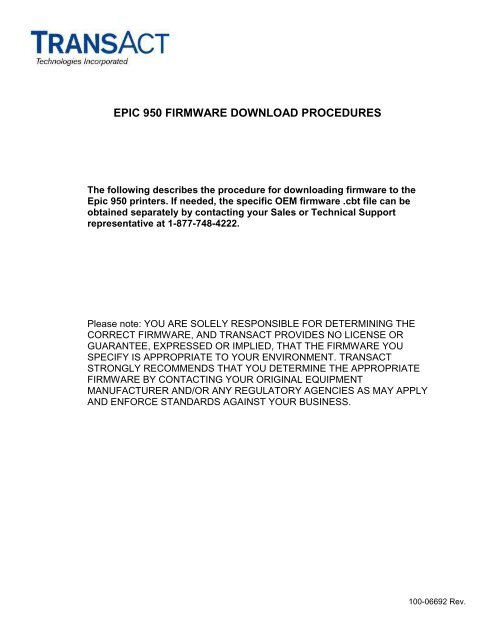 EPIC 950 FIRMWARE DOWNLOAD PROCEDURES - TransAct