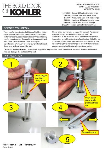 BEFORE YOU BEGIN INSTALLATION - Kohler