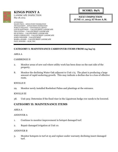 MONTHLY LANDSCAPE MAINTENANCE INSPECTION - Kings Point