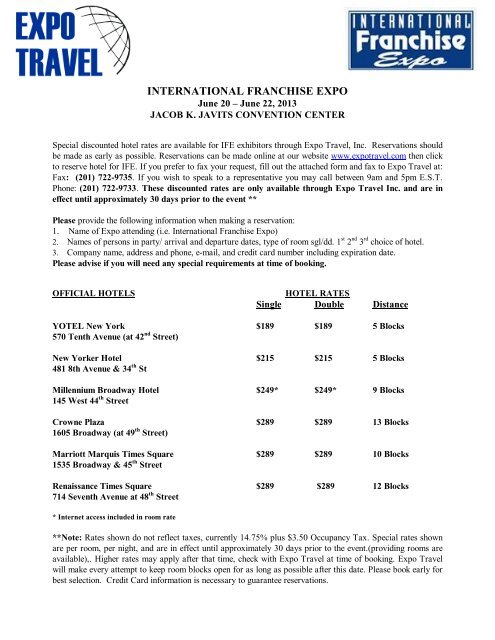 Hotel Rate Sheet - International Franchise Expo