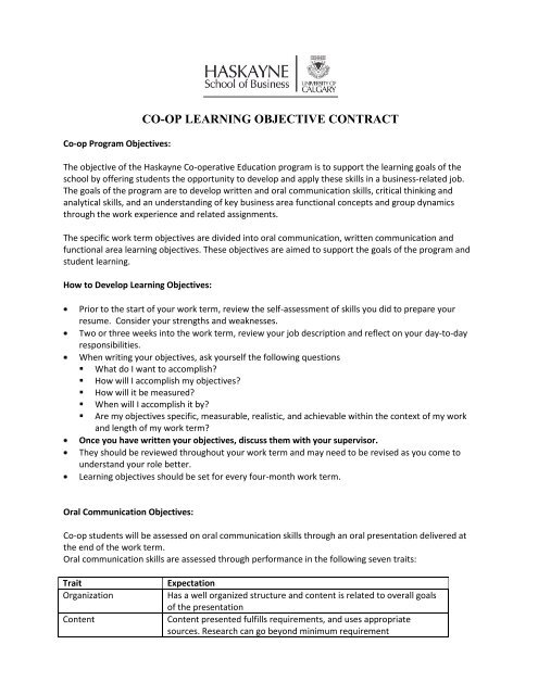 co-op learning objective contract - Haskayne School of Business