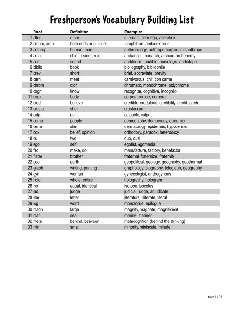 Freshperson's Vocabulary Building List