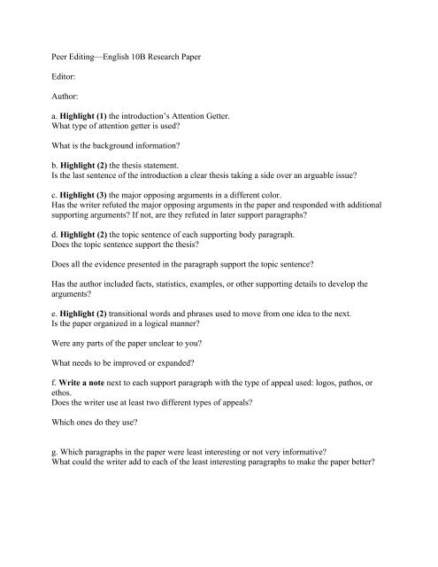 Peer editing checklist