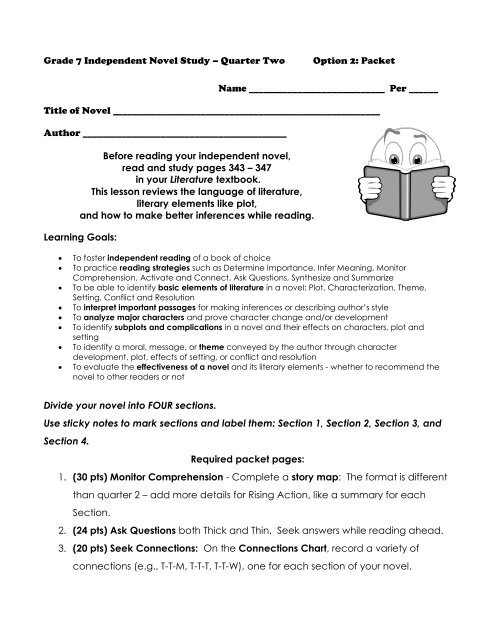 Grade 7 Independent Novel Study â Quarter Two Option 2: Packet ...