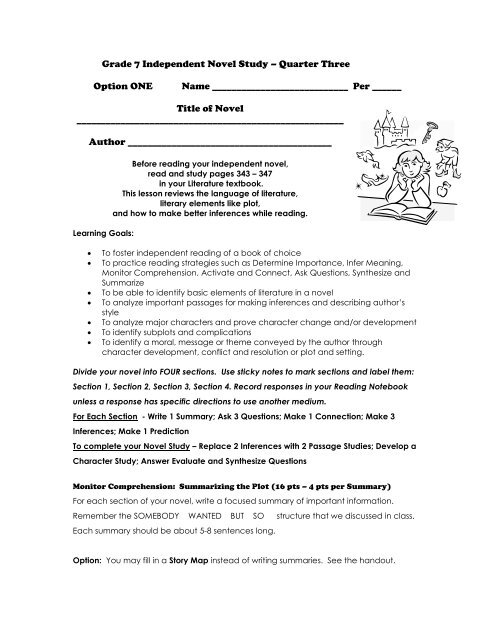 Grade 7 Independent Novel Study â Quarter Three Option ONE ...