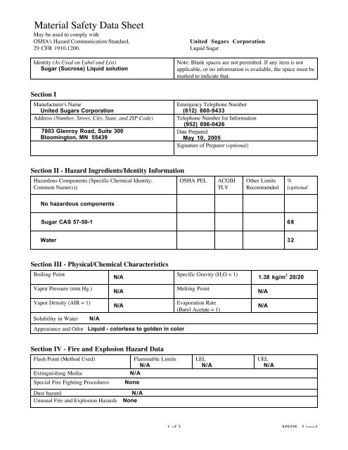 Material Safety Data Sheet - United Sugars Corporation