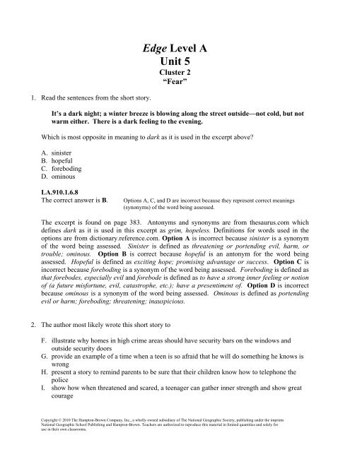 Edge Level A Unit 5 - Division of Language Arts/Reading