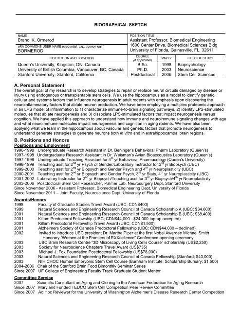 Biographical Sketch Format Page - Biomedical Engineering