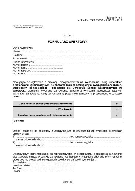 ZaÅ Ä cznik 1 - Formularz Ofertowy