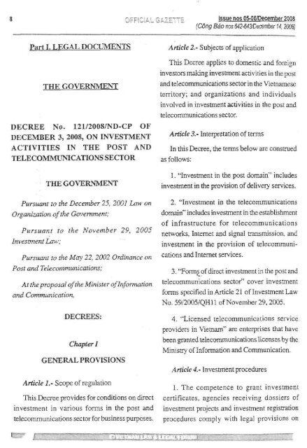 Part I. LEGAL DOCUMENTS THE GOVERNMENT DECREE No. 121 ...