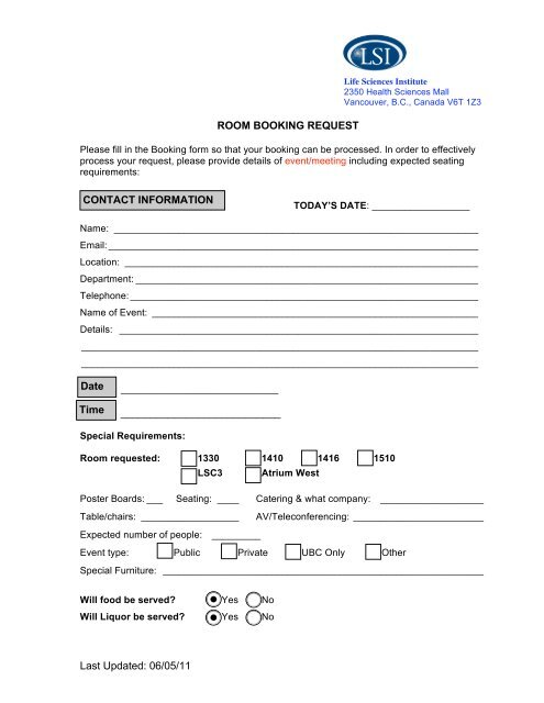 Last Updated: 06/05/11 ROOM BOOKING REQUEST ... - LSI Facilities