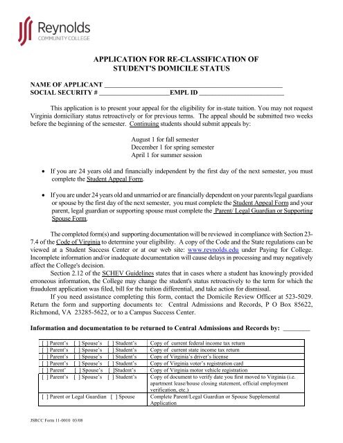 Application for Re-classification of Student's Domicile Status