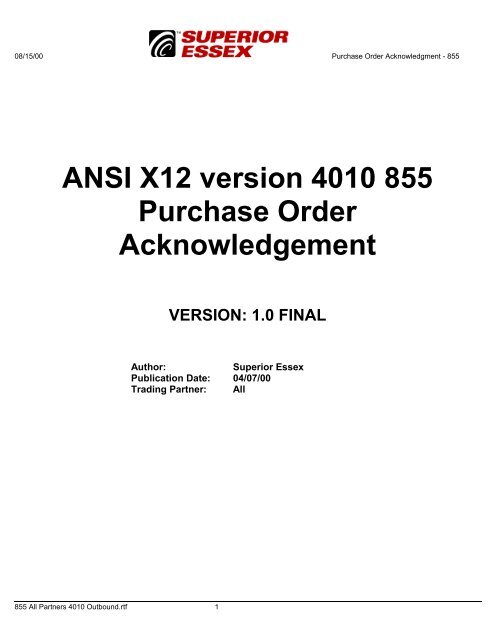 855 Purchase Order Acknowledgement - Superior Essex