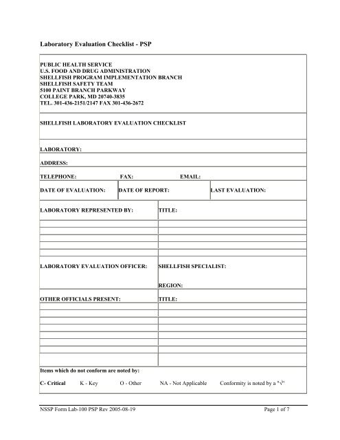 NSSP Laboratory Evaluation Checklist PSP