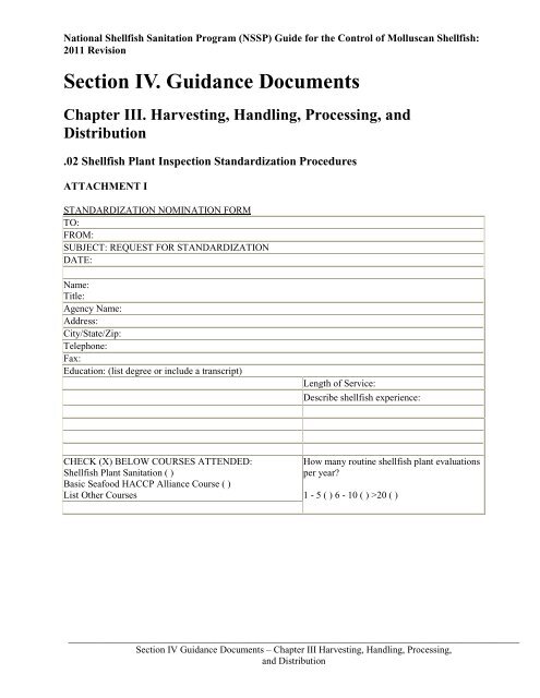 NSSP Standardized Shellfish Processing Plant Inspection Form