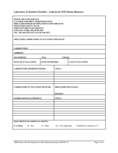 Laboratory Evaluation Checklist â Analysis for NSP (Mouse Bioassay)