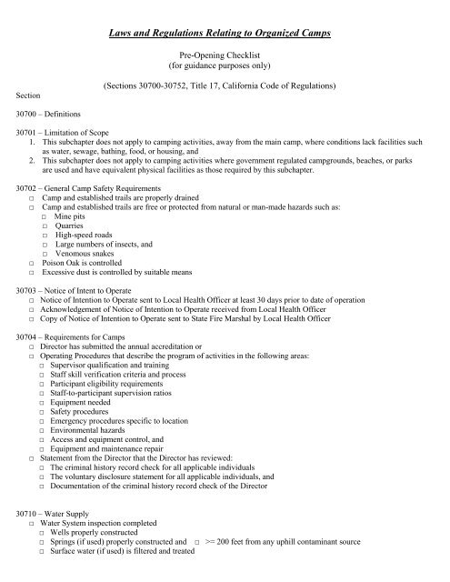 Organized Camp Inspection Checklist - Calaveras County