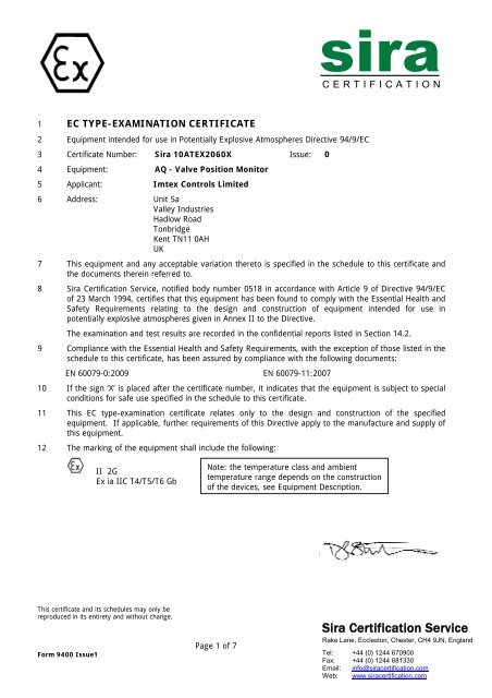 Sira Certification Service - Imtex Controls
