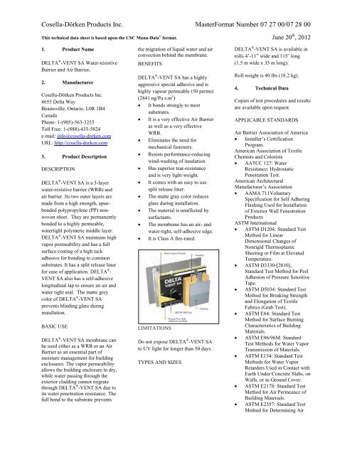 CSC/CSI Spec Data Sheet - Cosella-DÃ¶rken Products, Inc