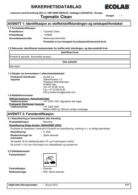 SIKKERHETSDATABLAD Topmatic Clean