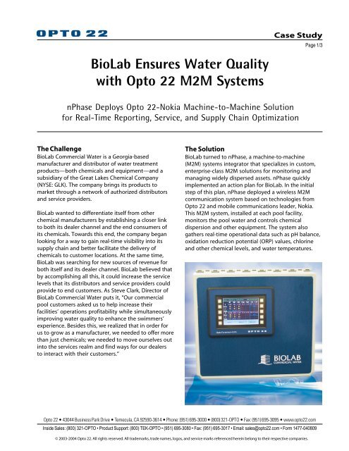 BioLab Ensures Water Quality with Opto 22 M2M Systems