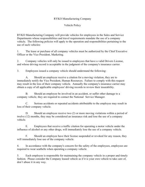 RYKO Manufacturing Company Vehicle Policy RYKO Manufacturing ...
