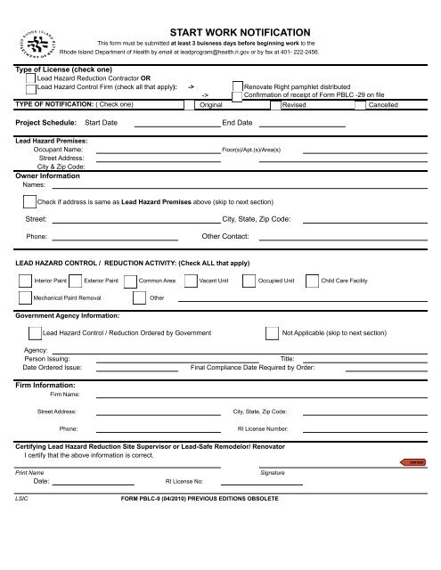 Start Work Notification Fillable Form - Lead Safe Inspections ...