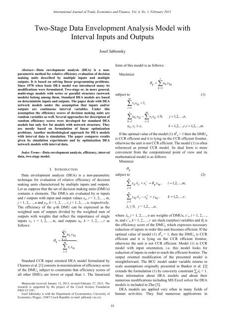 Two Stage Data Envelopment Analysis Model With Interval Ijtef 