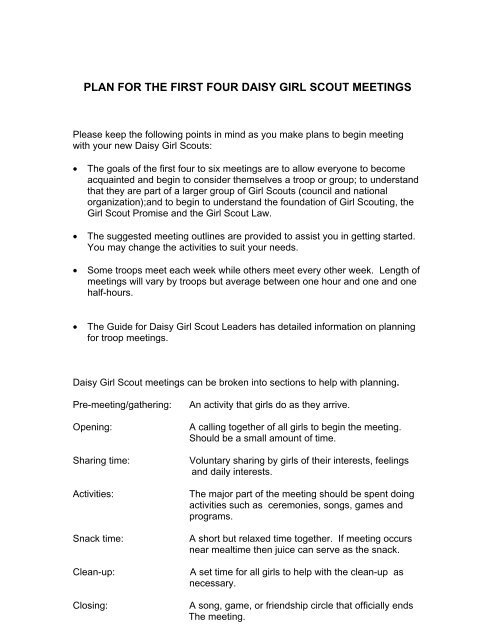 PLAN FOR THE FIRST FOUR DAISY GIRL SCOUT MEETINGS
