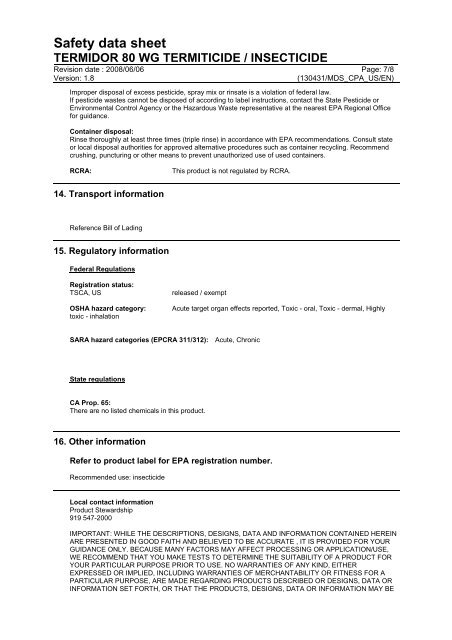 Safety data sheet TERMIDOR 80 WG TERMITICIDE / INSECTICIDE