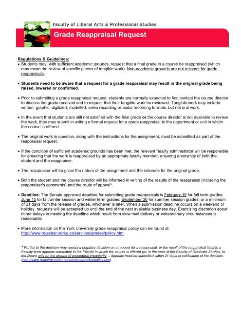 Grade Reappraisal Request - Department of Economics - York ...