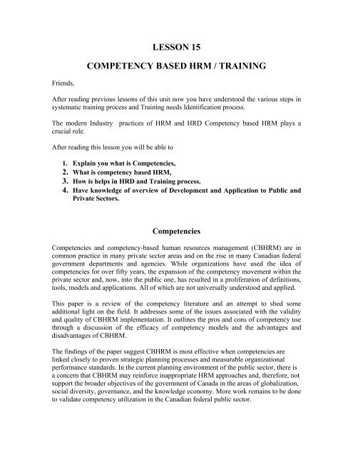 LESSON 15 COMPETENCY BASED HRM / TRAINING ...
