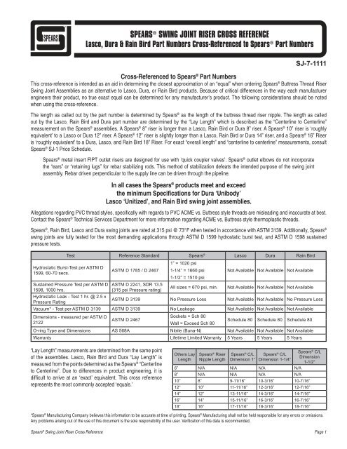 spearsÂ® swing joint riser cross reference - Spears Manufacturing Co.