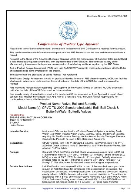 ABS Valve Type Approval - Spears Manufacturing Co.