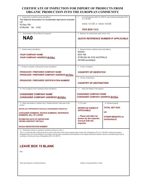 certificate of inspection for import of products from organic ... - NASAA