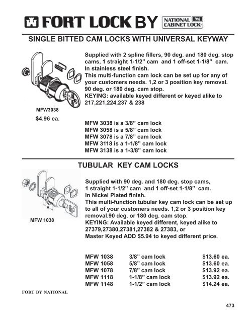 single bitted cam locks with universal keyway tubular ... - HATA, Inc.