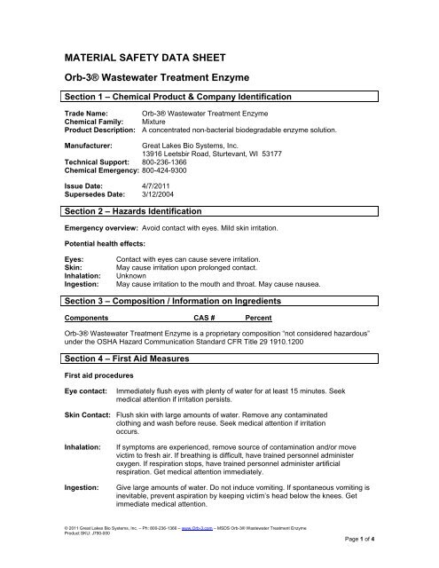 Orb-3 Wastewater Treatment Enzyme MSDS - Great Lakes Bio