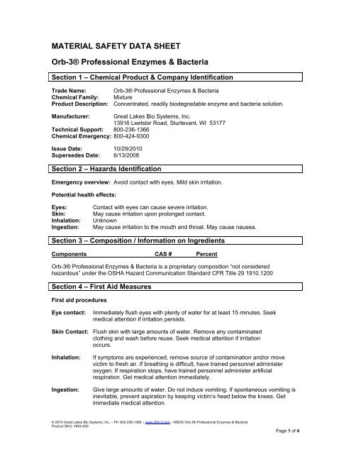 Orb-3 Professional Enzymes & Bacteria MSDS - Great Lakes Bio