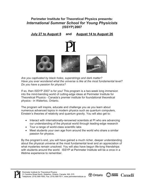 International Summer School for Young Physicists - Perimeter Institute