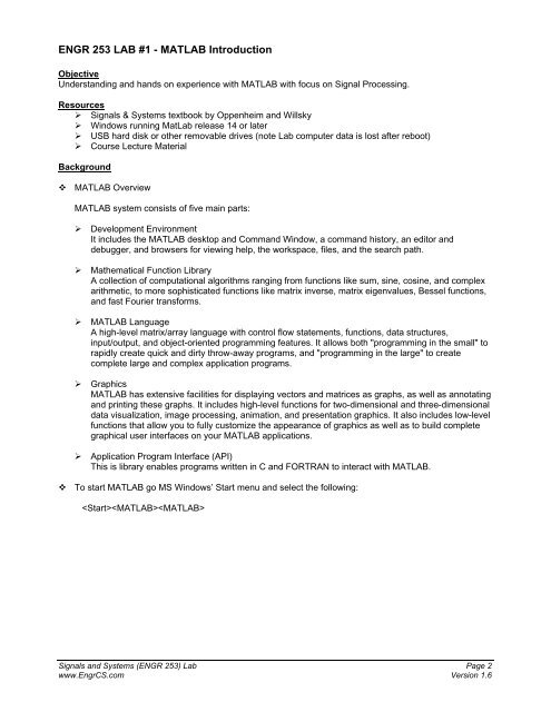 Engr 253 Lab 1 Matlab Introduction 
