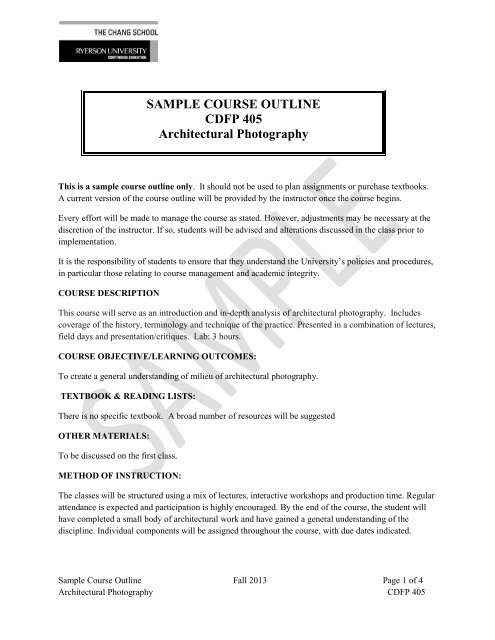 SAMPLE COURSE OUTLINE CDFP 405 Architectural Photography