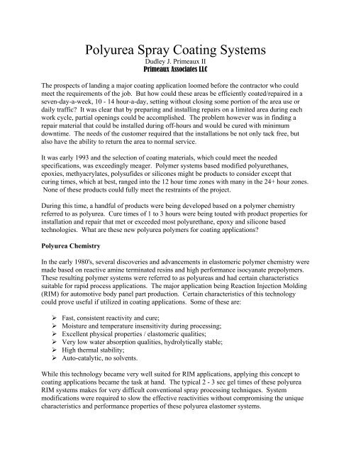 Polyurea Spray Coating Systems - Primeaux Associates, LLC