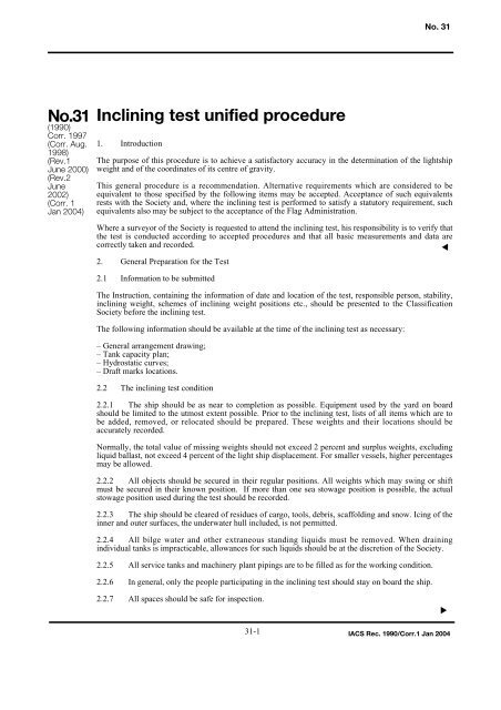 Inclining test unified procedure No.31 - IACS