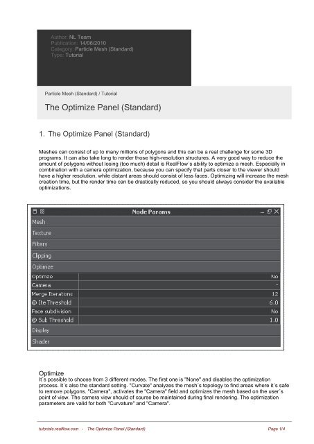 The Optimize Panel (Standard) - RealFlow Tutorials.