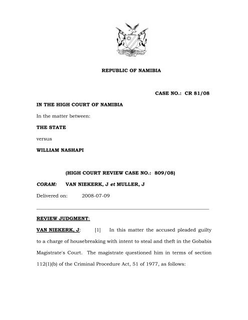 the state versus william nashapi.pdf - Superior Courts of Namibia