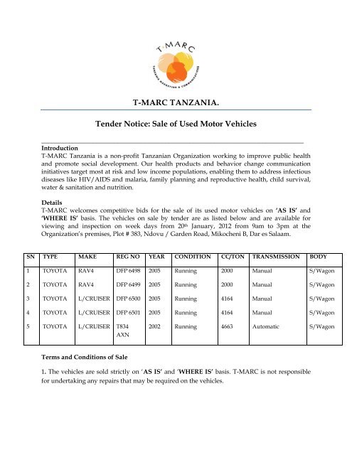 T-MARC TANZANIA. Tender Notice: Sale of Used Motor Vehicles