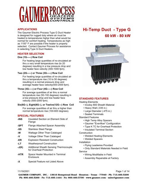 Gaumer Duct Heater - Type G, 60 kW - 80 kW (14 pages, 0.2MB)