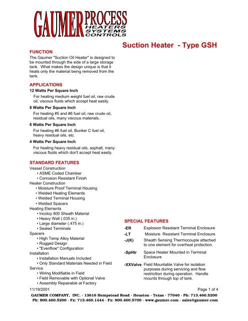 Gaumer Suction Oil Heater - Type GSH, side mount in storage tank