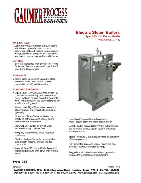 Gaumer Electric Steam Boilers Datasheet - Type GES