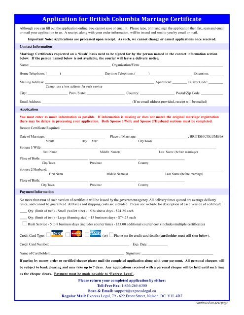 Application for British Columbia Marriage Certificate